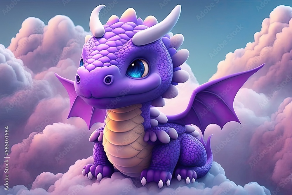 Cute Cartoon Purple Dragon Character in the Clouds (Generative AI ...
