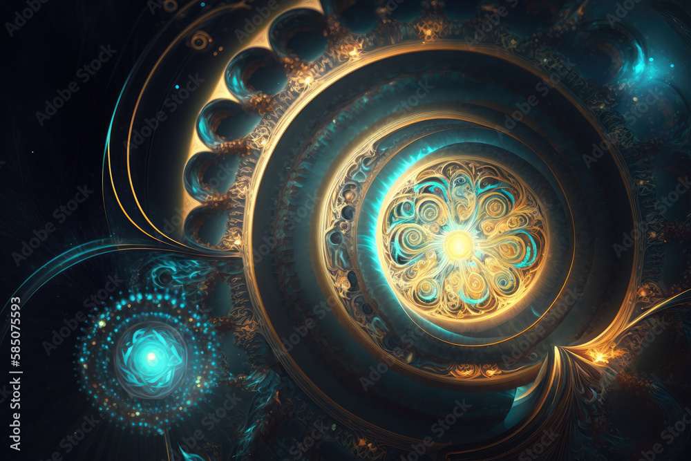 Cosmic trance and hypnosis concept of glowing details in digital neural ...