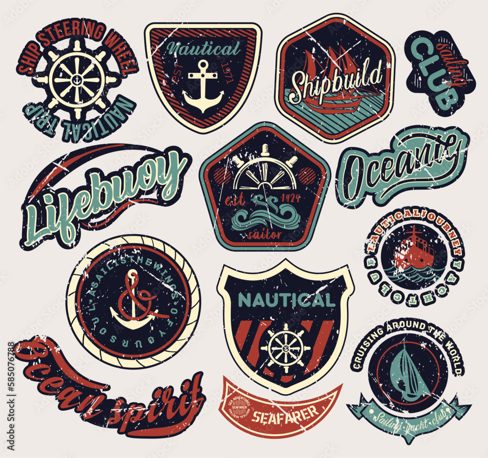 Sail labels retro set. Ships and anchors on worn patches. Nautical ...