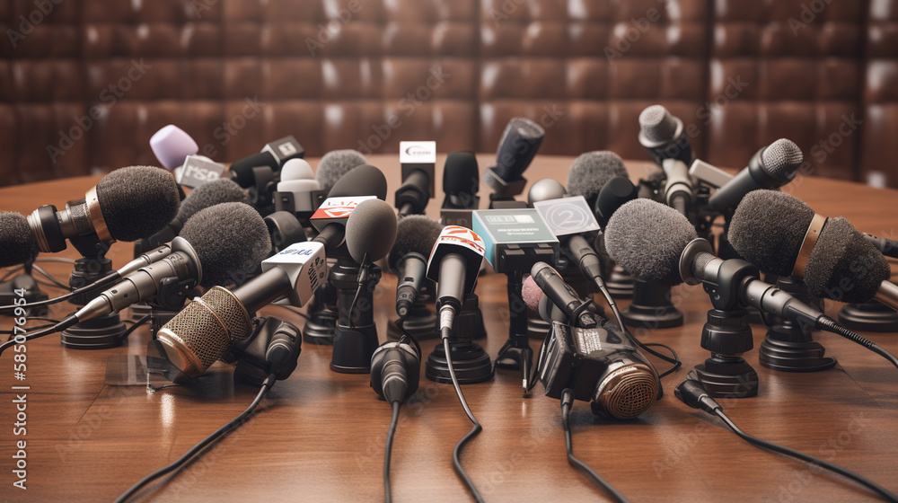 Microphones on table in conference room or meeting room, press ...