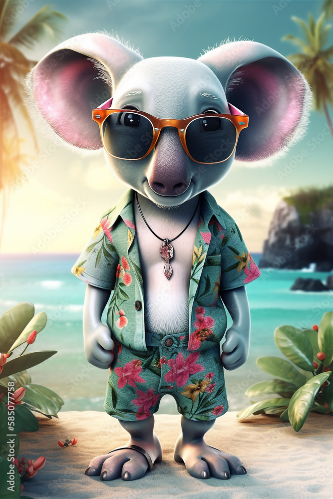 Stylish Koala Fantasy Cartoon Character In Hawaiian Outfits Clothes On ...