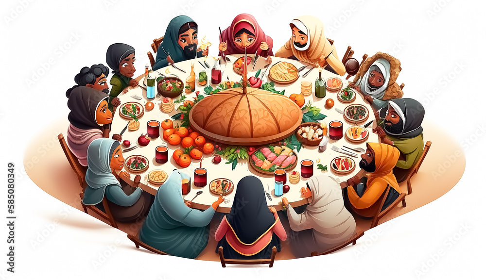 Ramadan iftar table with many multicultural hands reaching for ...
