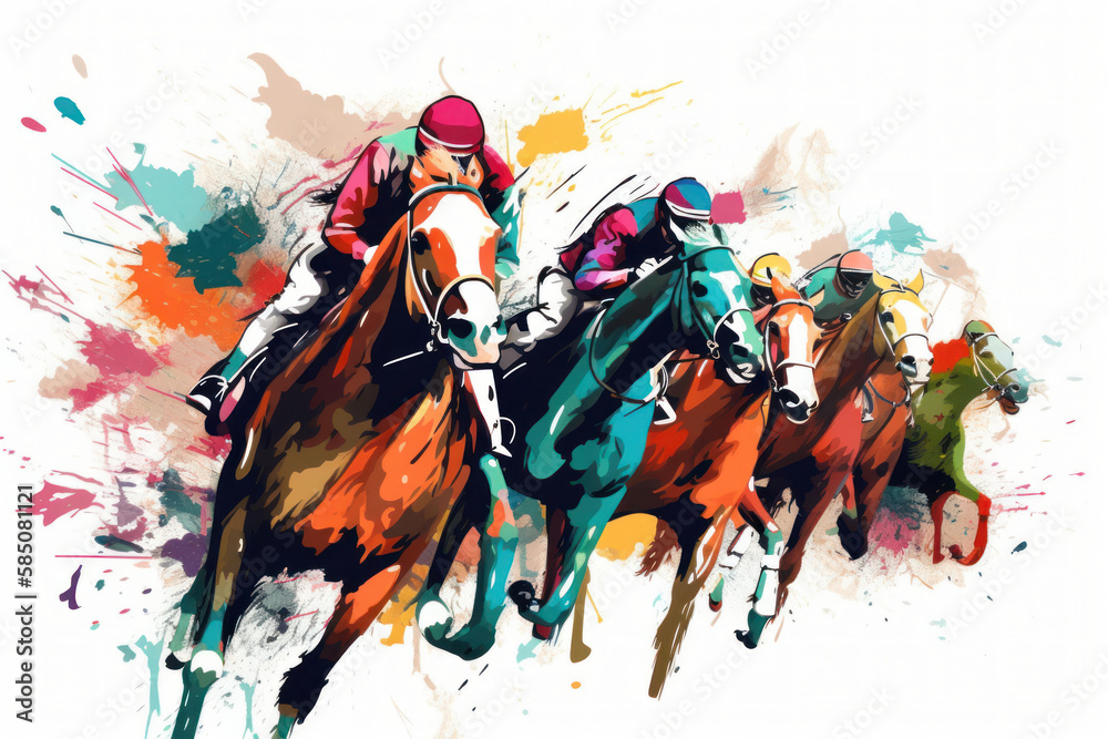 Abstract racing horse with jockey from splash of watercolors on white ...