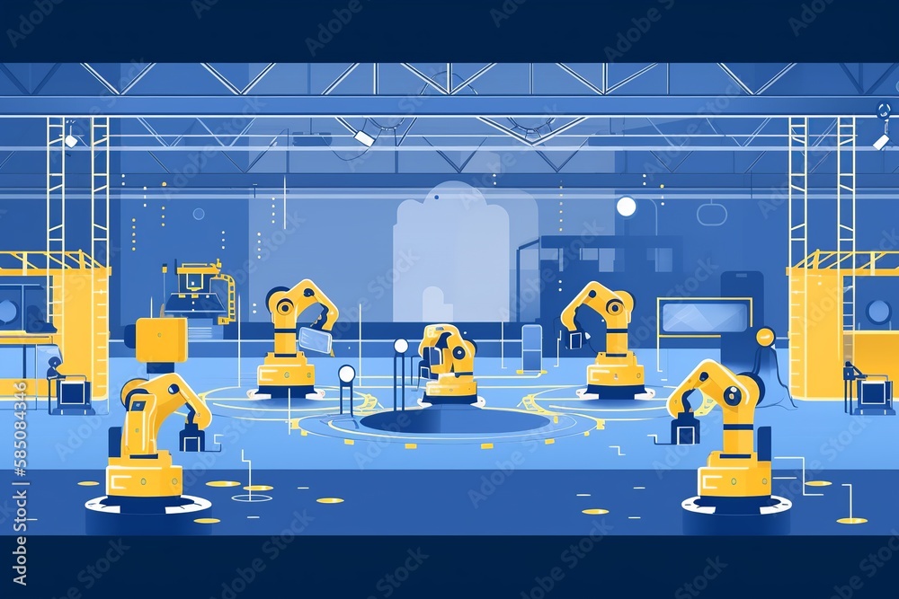 Flat illustration of autonomous robots exploring an industrial facility ...