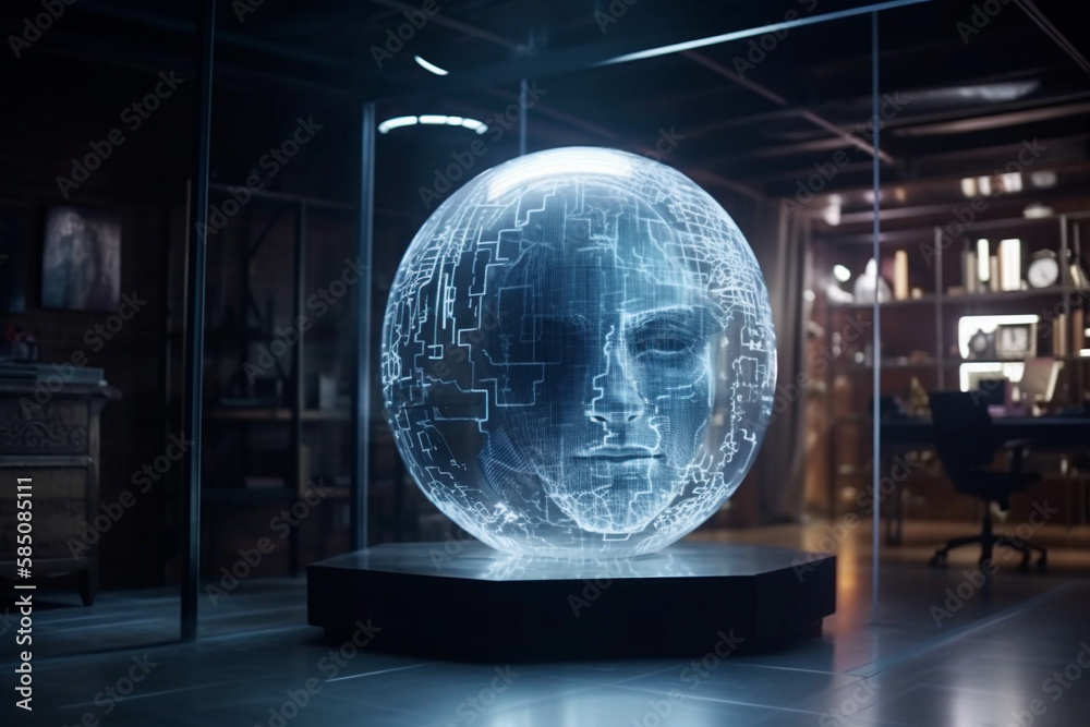digital illustration of a futuristic hud sphere with a human face ...