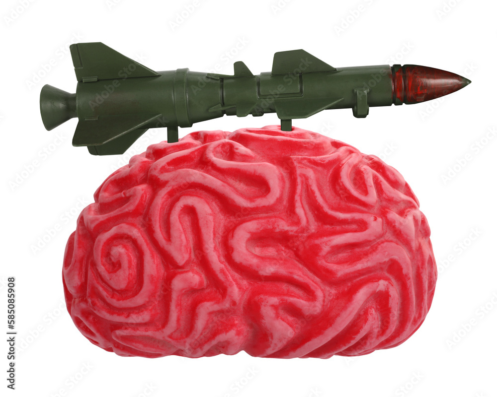 Abstract human brain armed with projectile missile bomb rocket isolated ...
