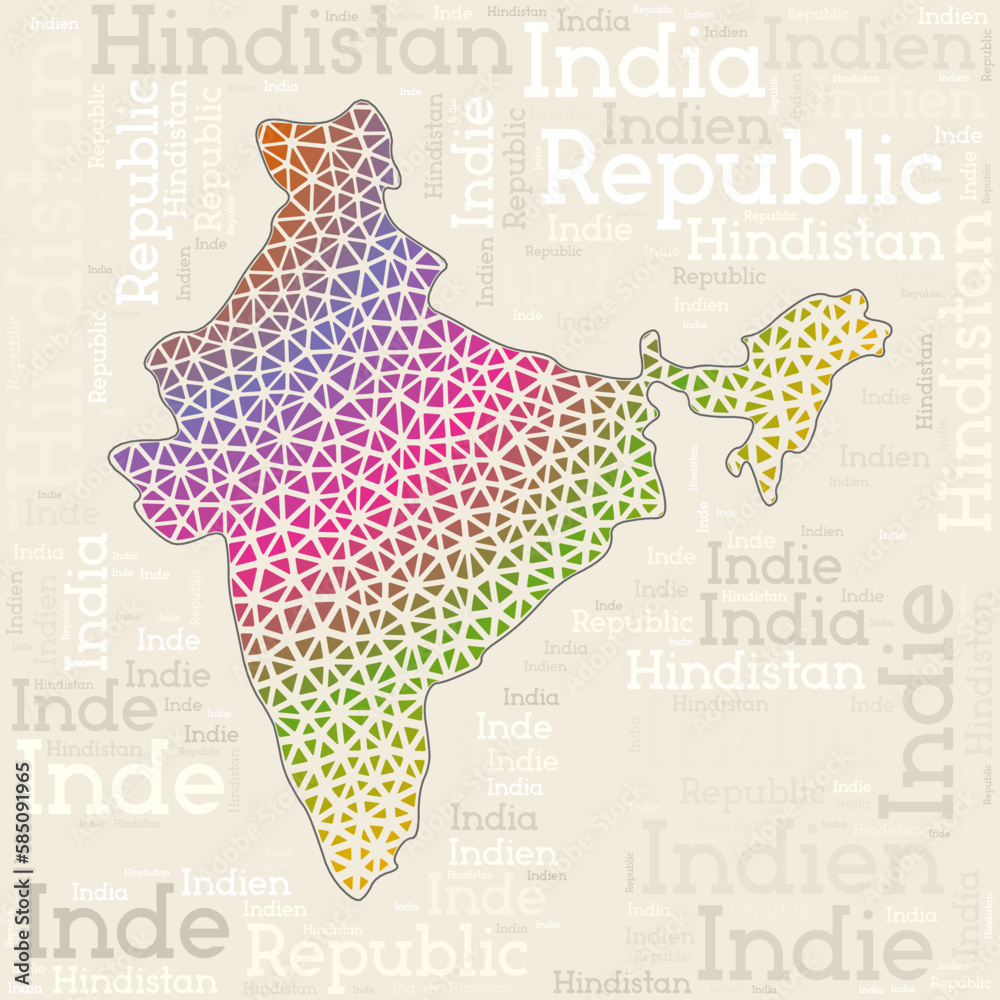 INDIA map design. Country names in different languages and map shape ...