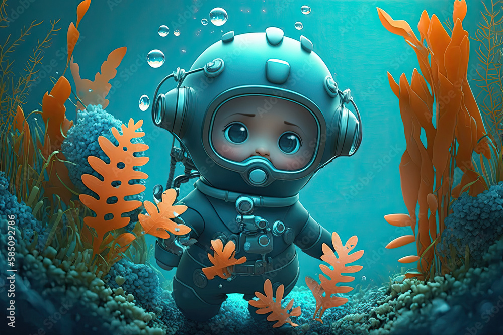 Cute Cartoon Boy Scuba Diver Underwater in the Ocean (Generative AI ...