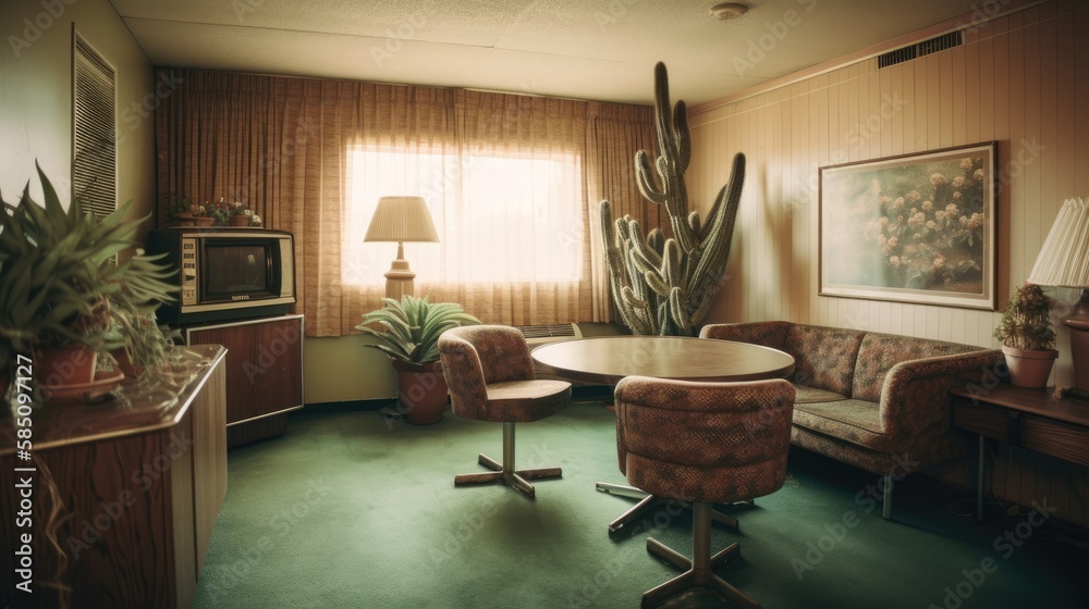1970s Luxury Motel Interior with Natural Light, Graininess, and Front ...
