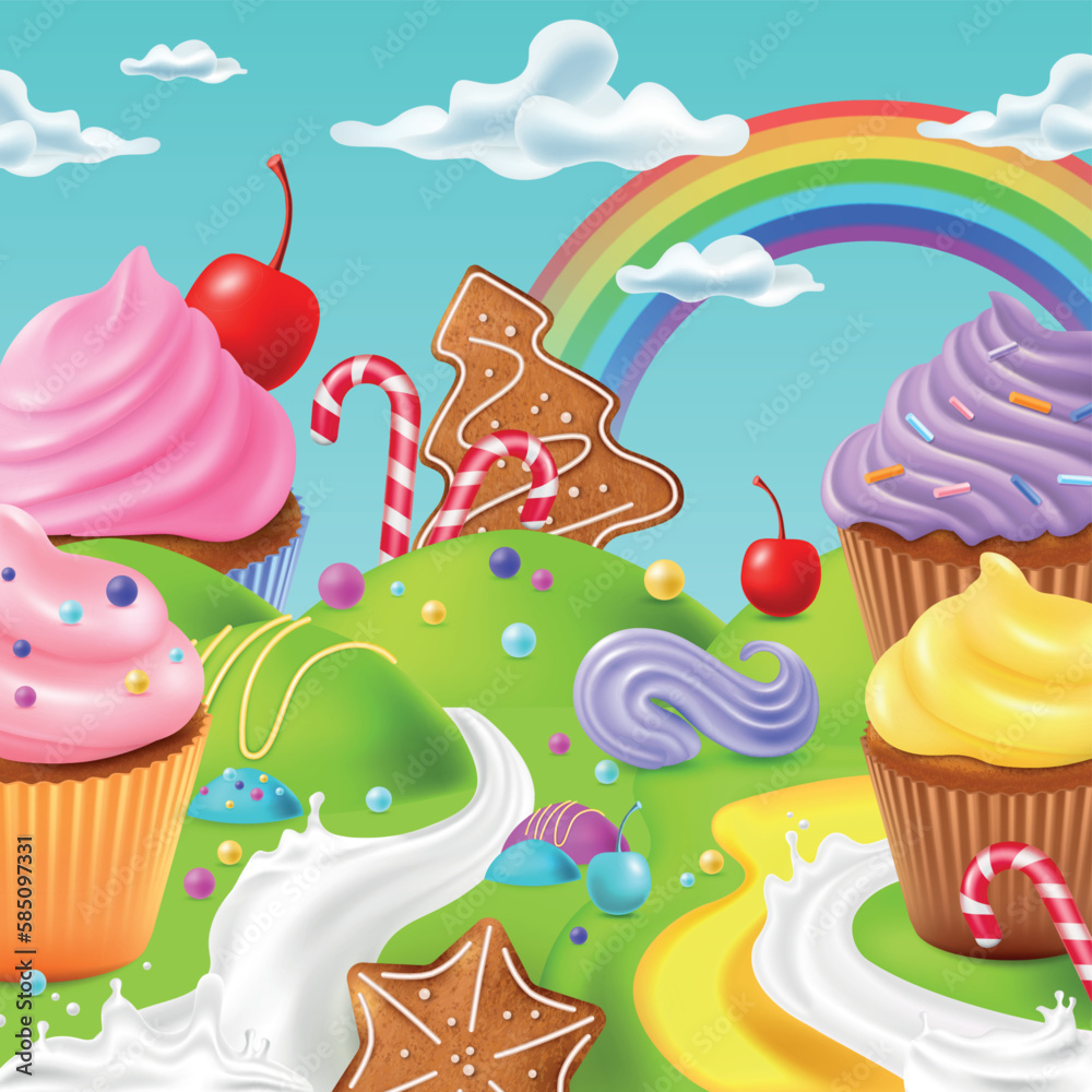 Sweet candy land, confectionery shop landscape. 3d fantasy chocolate ...