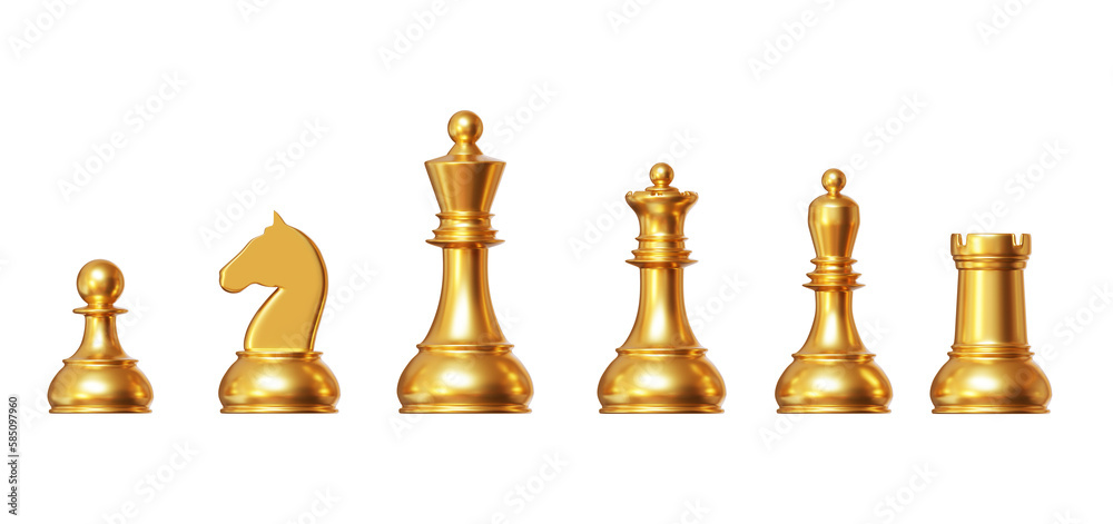 3d gold chess pieces set of king, knight, queen, rook, bishop and pawn ...