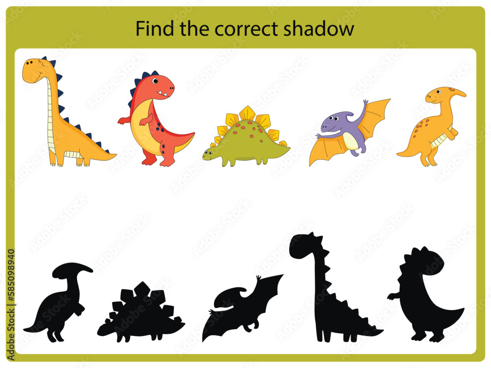 Dinosaur activities for kids. Find the correct shadow. Educational game ...
