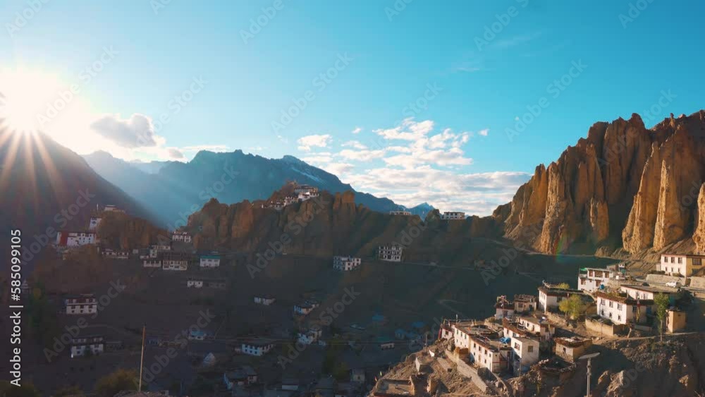 4K shot of the Dhankar monastery during the sunset at Dhankar Village ...