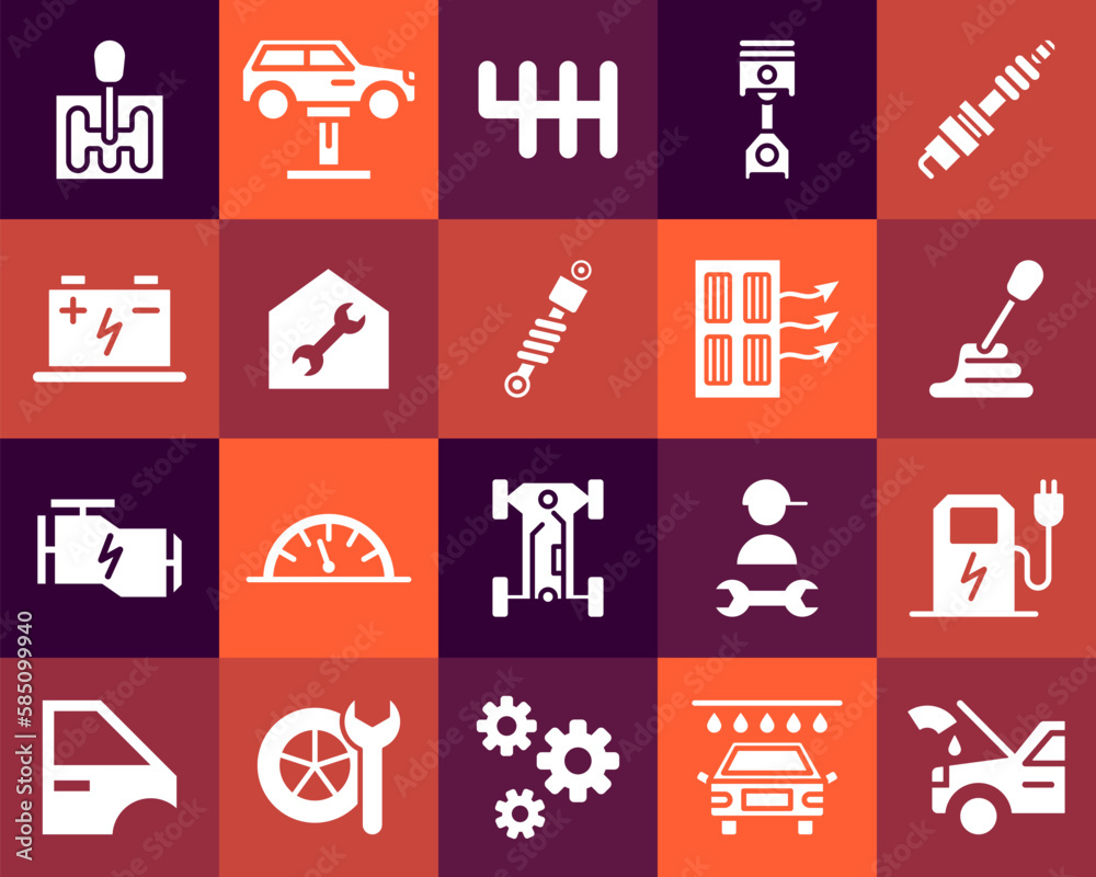 Car service. Gear brake icons. Wheel tyre. Auto piston. Engine oil ...