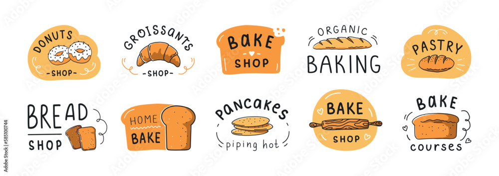 Bakery lettering logotype, bagel flour stamp. Bread letter tags, signs ...