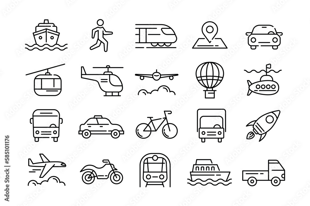 Transport line icons. Car travel. Vehicle types. Taxi and bike. Public ...