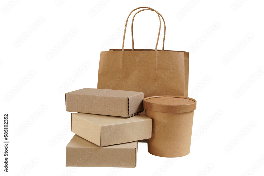 set of paper container brown paper bag and cardboard boxes and bowl in ...