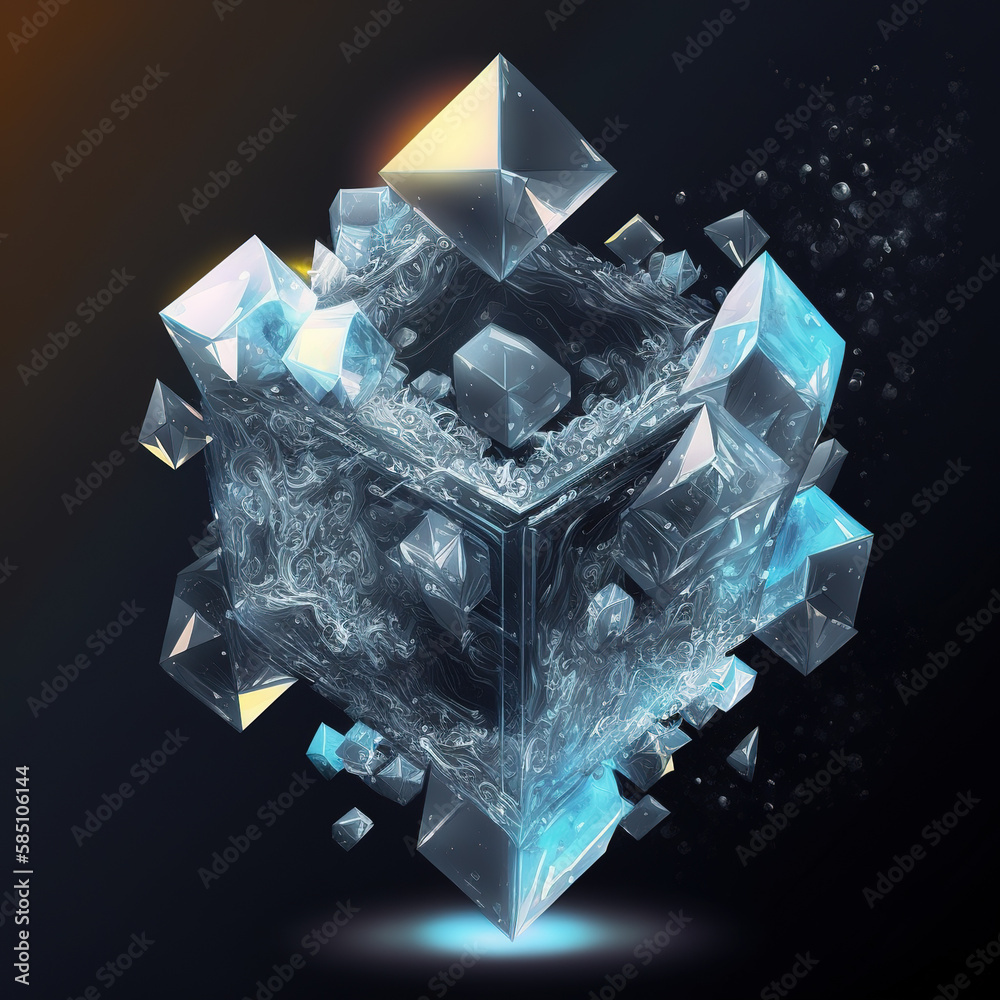 Modern digital abstract art of glassy geometric transparent cubic shape ...