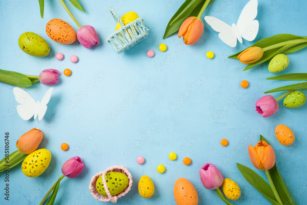 Easter holiday frame border background with easter eggs and tulip ...