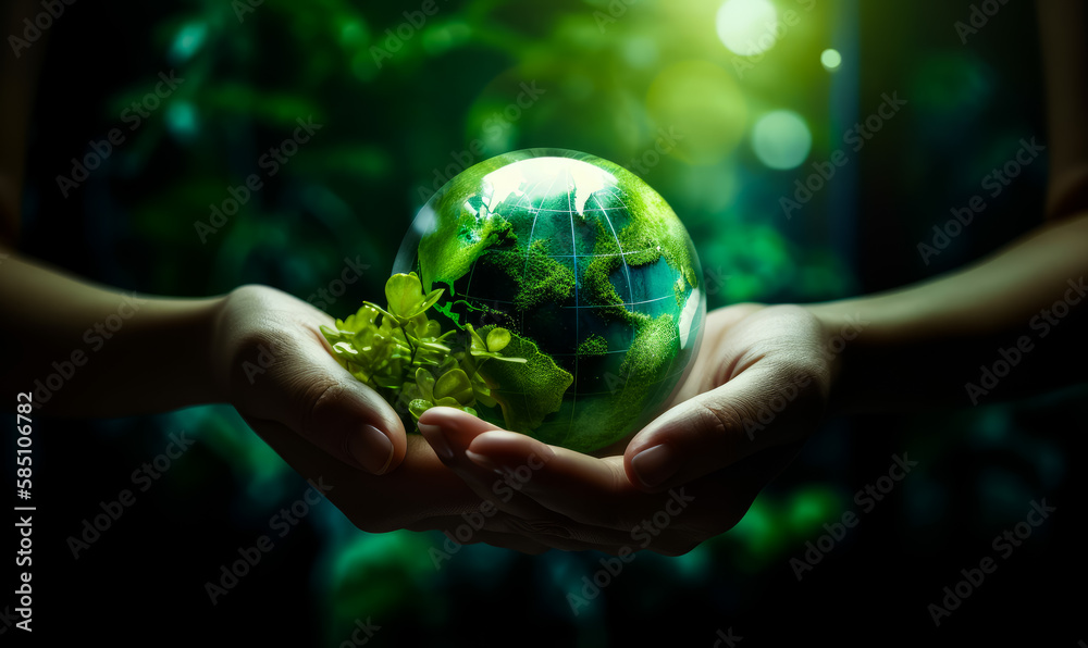 Female hands carefully holding Earth glass model and a tree branch ...