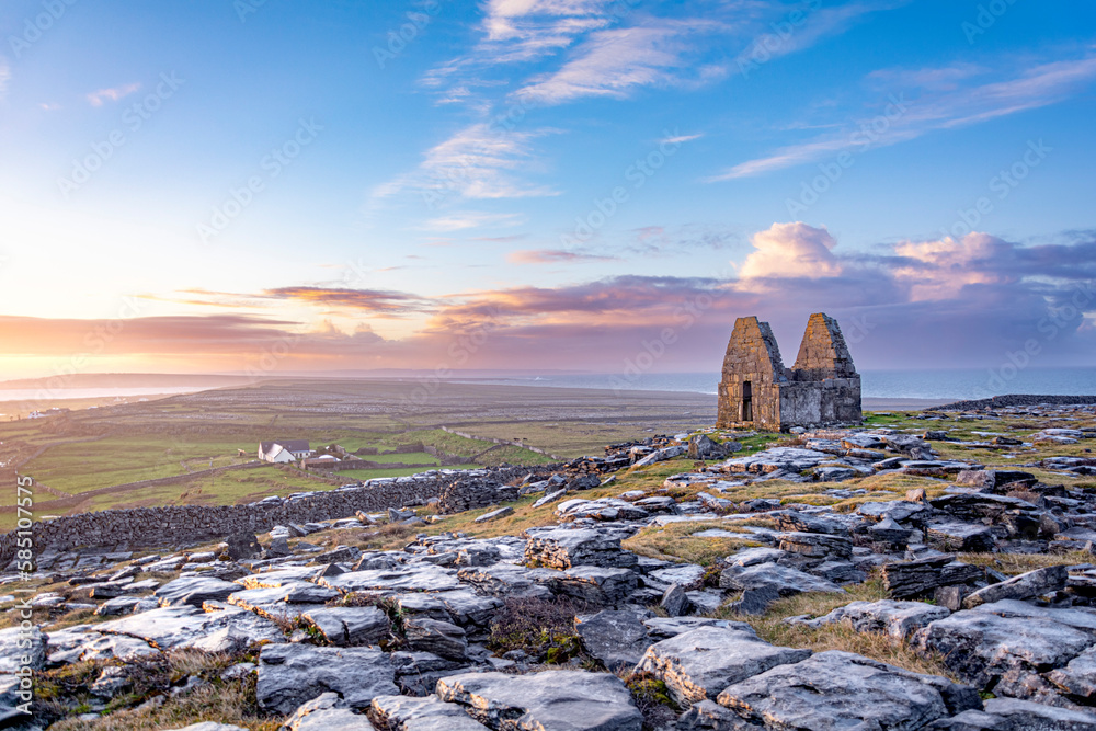 Old church ruins on the top of the rocky hill in Inishmore, Ireland in ...