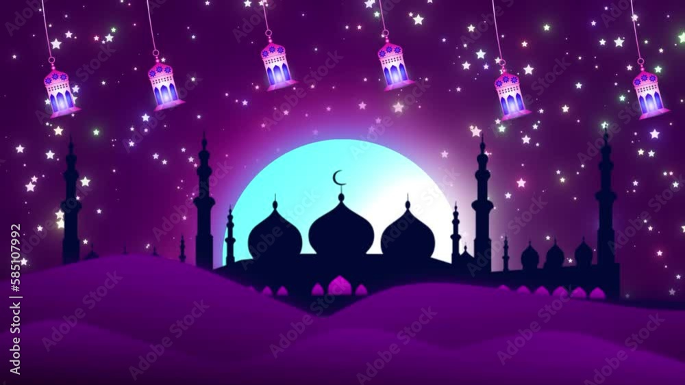 Ramadan Kareem With Mosque And Glowing Moon Behind The Mosque. Lanterns ...