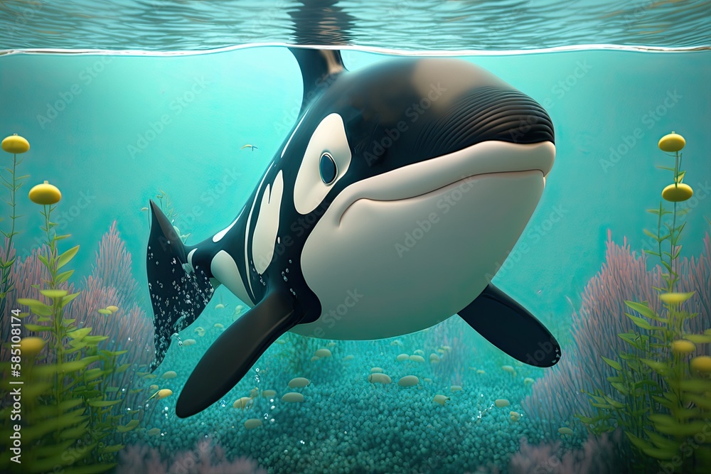 Cute Cartoon Killer Whale Character Underwater in the Ocean (Generative ...
