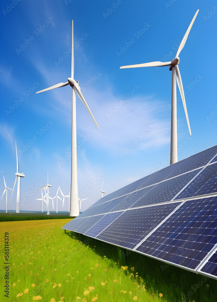 Solar panels and wind turbines in grassy field with sunlight ...