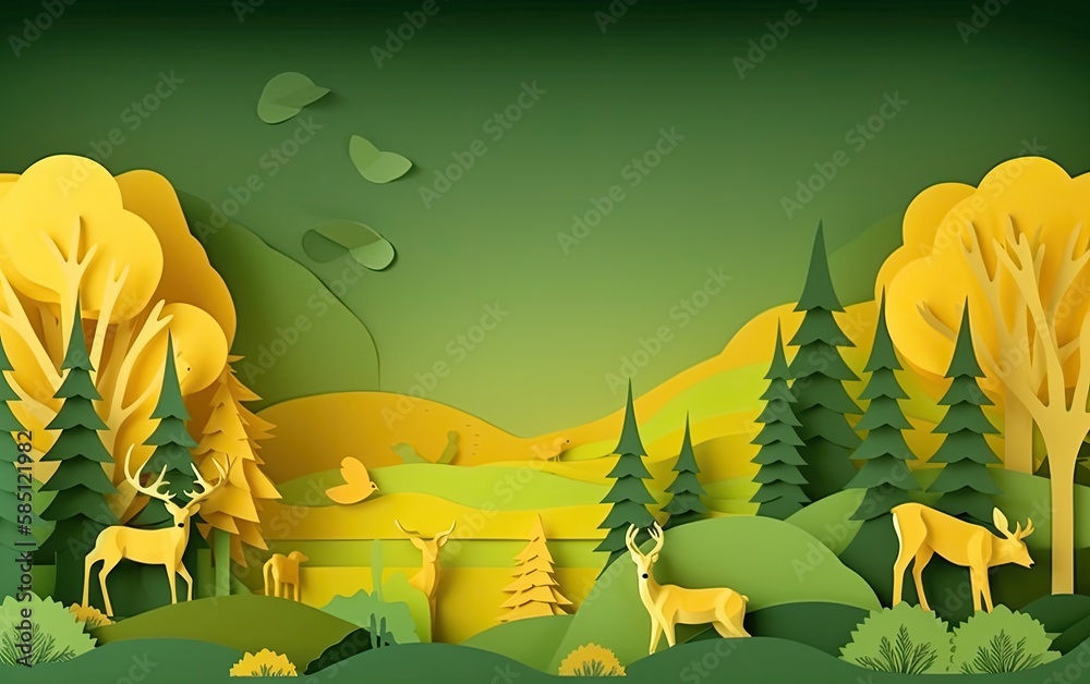 Abstract of green and yellow vast forestry with animals papercraft ...
