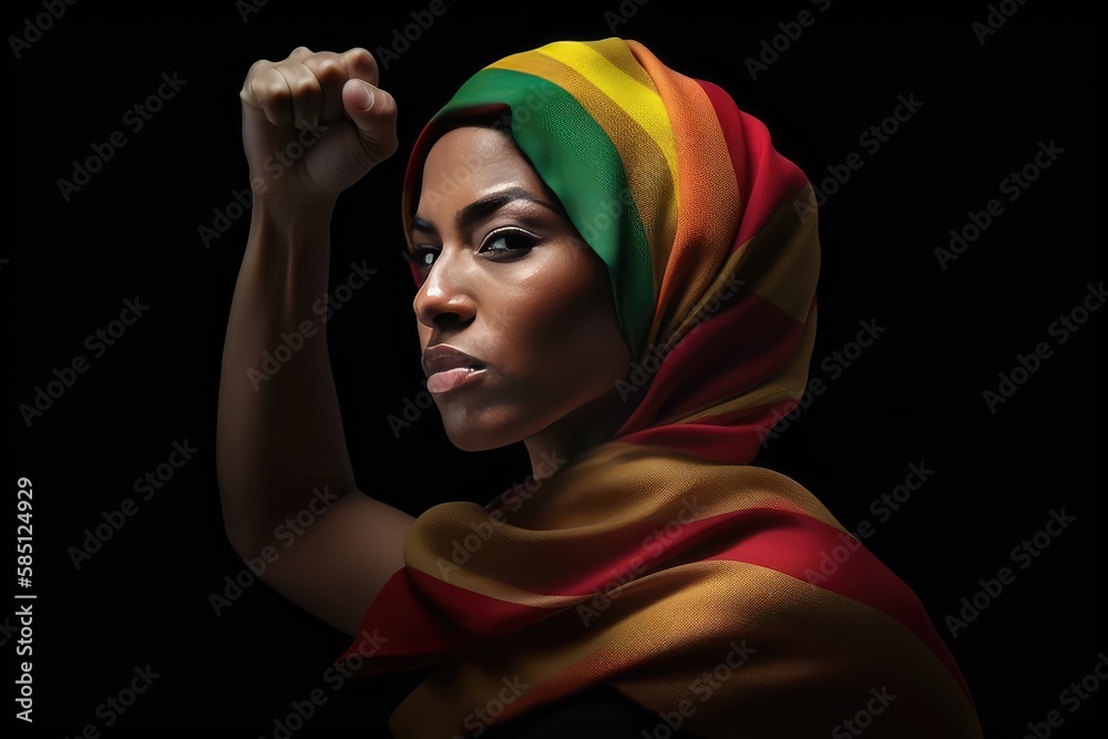 Strong powerful fictional woman with headscarf in African colors ...