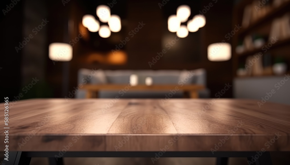 Dark wooden empty table for product display with blurrd living room ...
