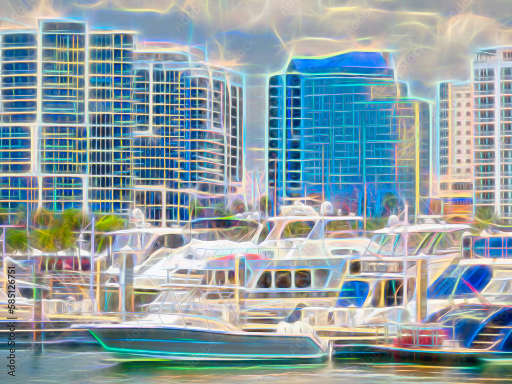 Bright impressionistic abstract of yachts in waterfront marina near ...