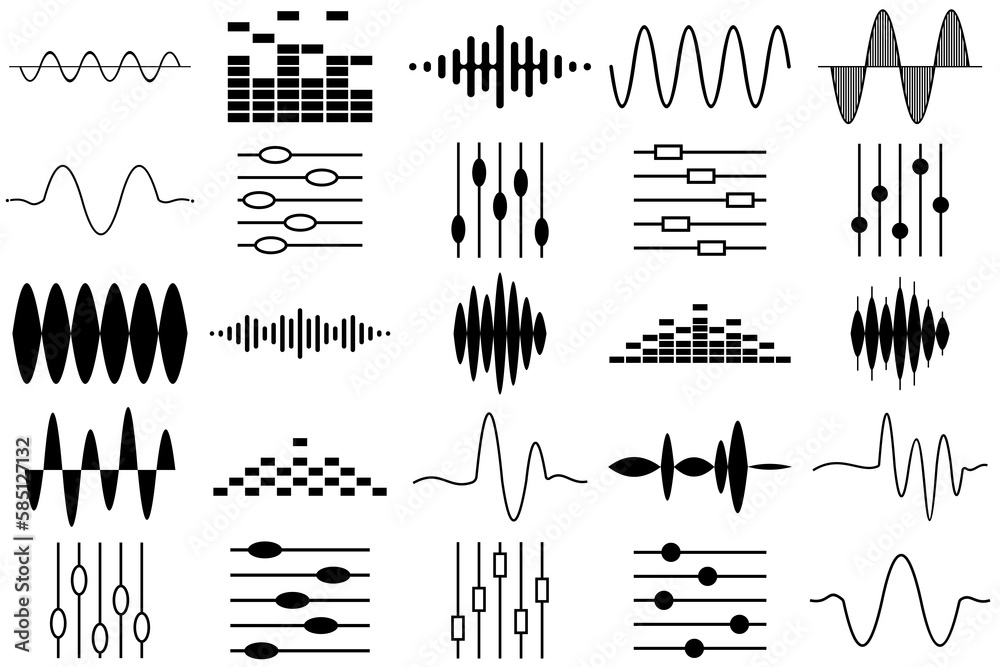 Sound waves set. Modern sound equalizer. Radio wave icons. Volume level ...