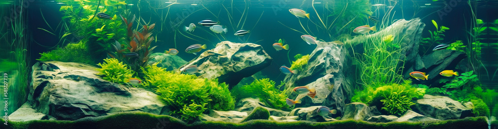Aquarium, aquascaping example, with plants and fishes, panoramic banner ...