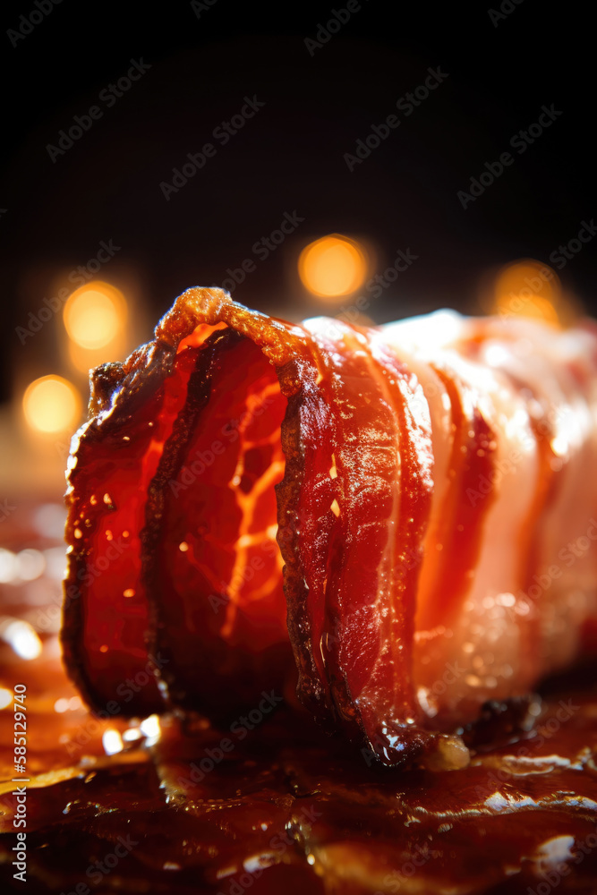 Crispy bacon sizzling in the pan. A close-up food picture for catering ...