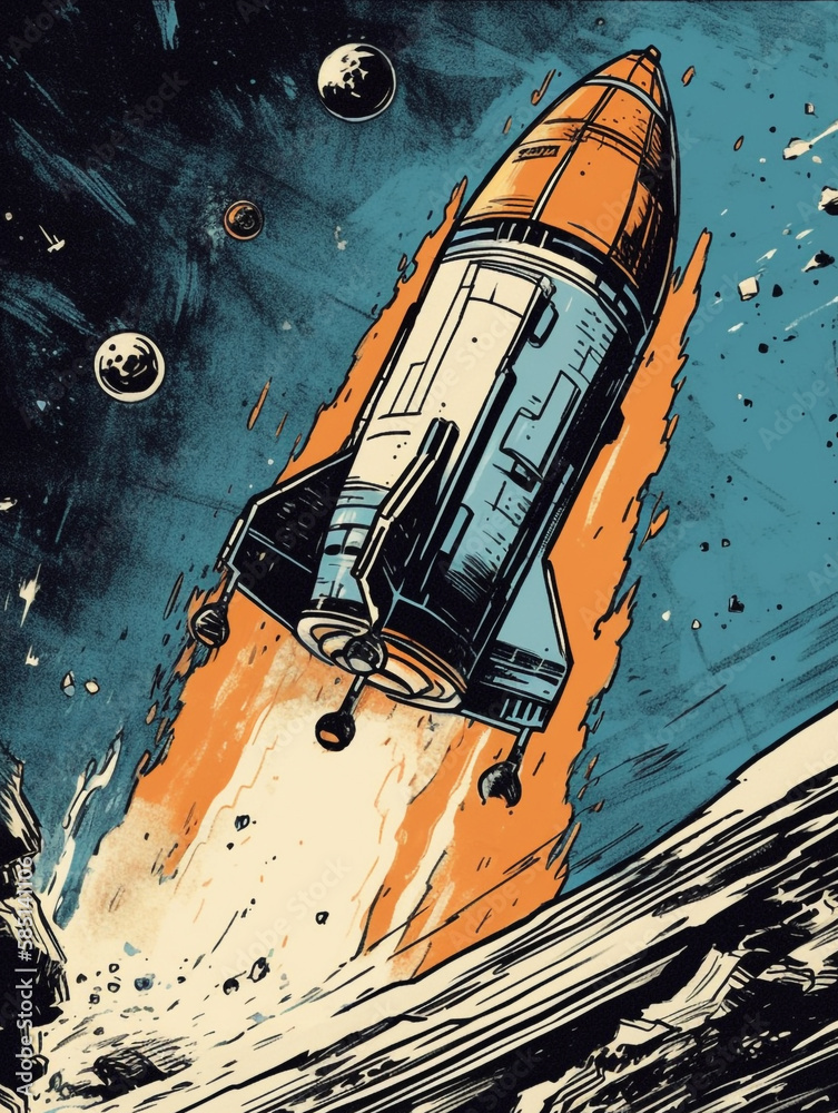 Comic style drawing of a rocket or spaceship taking off into the air ...
