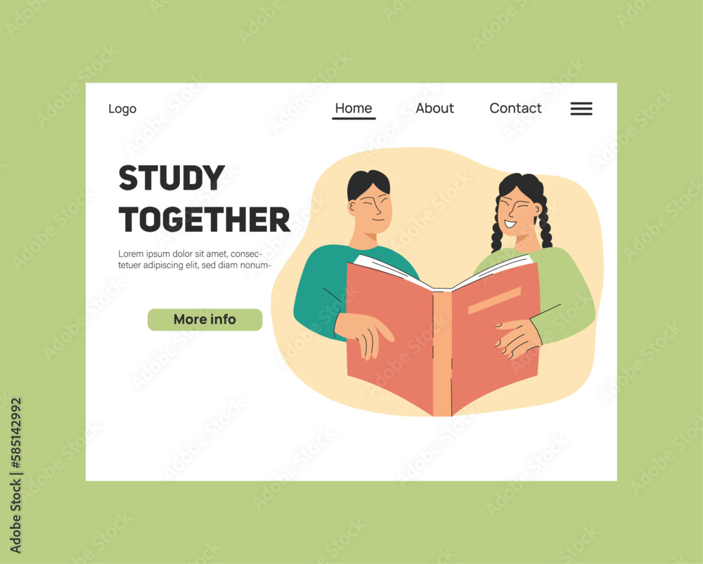 Landing page design with study concept. Girl and boy study together ...