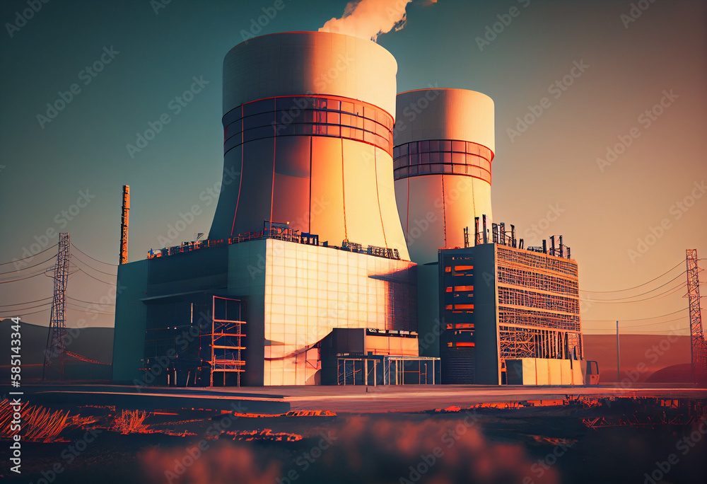 A huge modern nuclear power plant building producing energy using ...