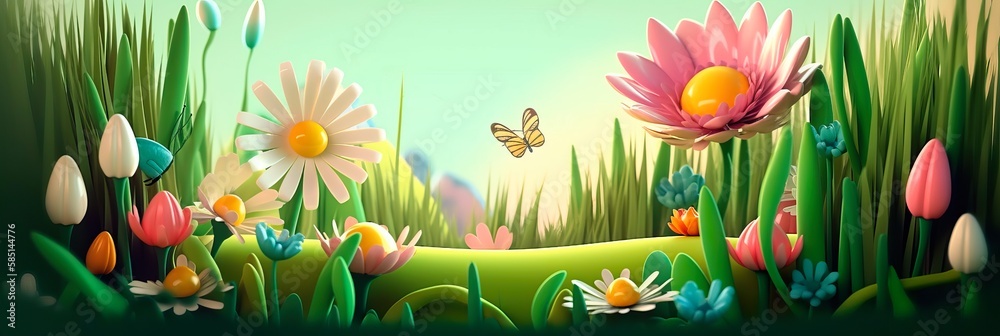 Spring time background. Spring design green grass, leaves and field ...