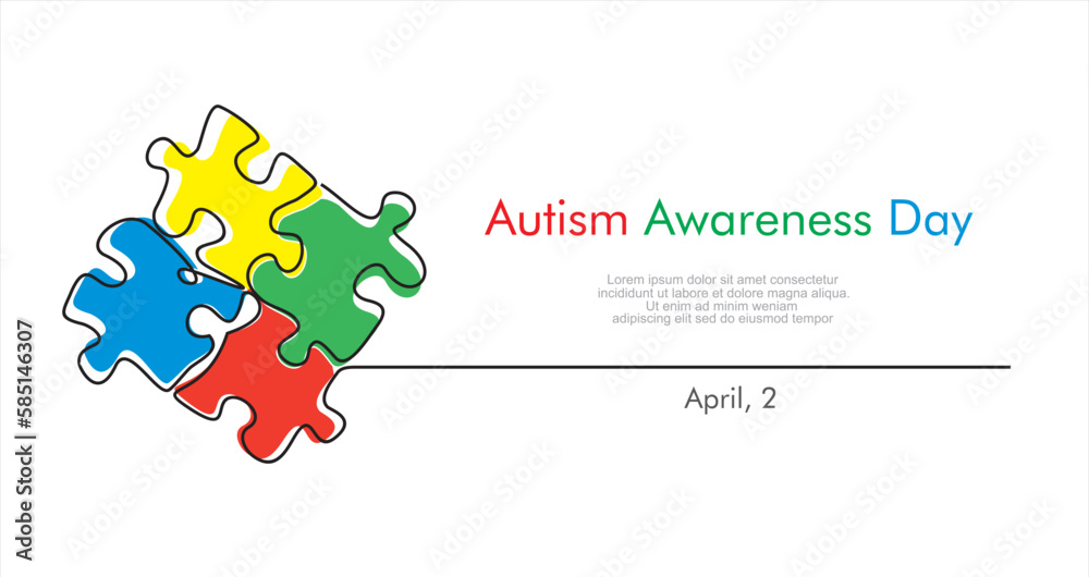 Vetor de Continuous one line drawing of grup of puzzle. Autism ...