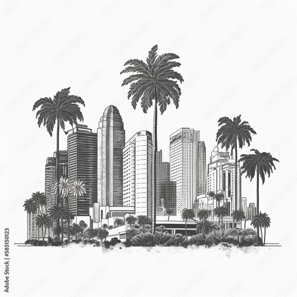 Miami line art style, palm trees and skyscrapers modern houses. Black ...