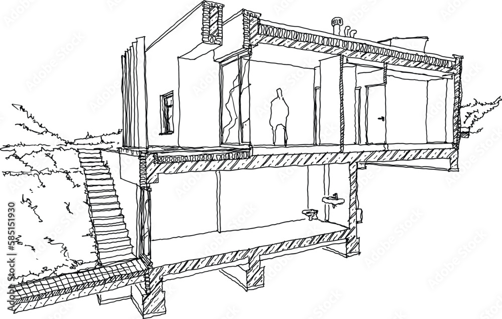 hand drawn architectural sketch of section of modern two story detached ...