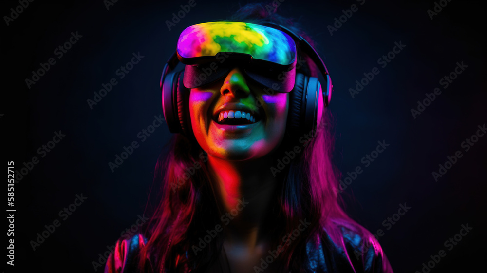 Portrait of an African-American woman in astonishment wearing a virtual ...