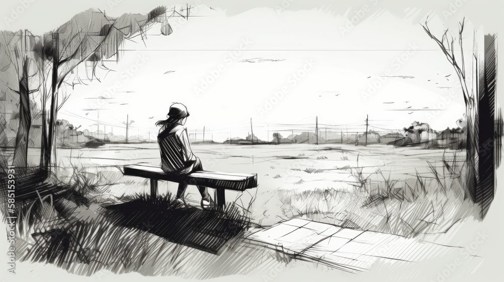 Sketch illustration of a girl sitting on a bench - made with Generative ...