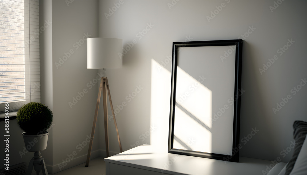 a sunny bright modern room with one black small empty picture frame ...