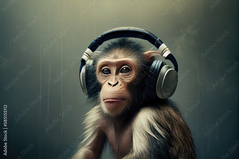 monkey, wearing headphones and bobbing his head to the beat of music ...