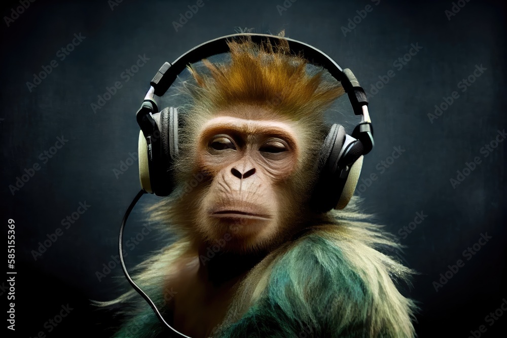 funny monkey listening to music, with headphones on and head bobbing to ...