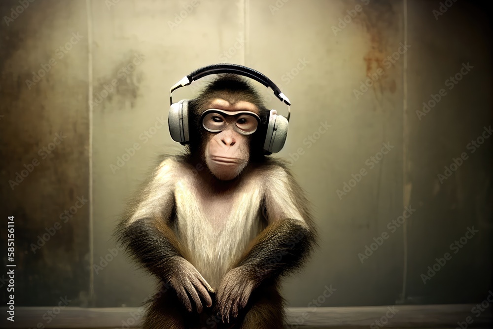 funny monkey wearing headphones and bobbing his head to the beat ...