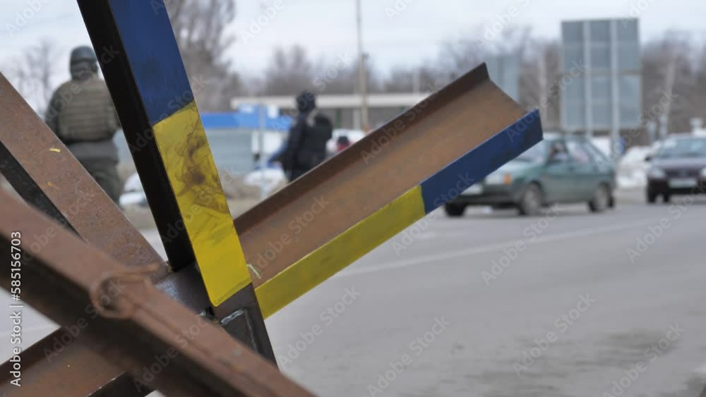 Control checkpoint in the Ukrainian city. The focus of the camera was ...