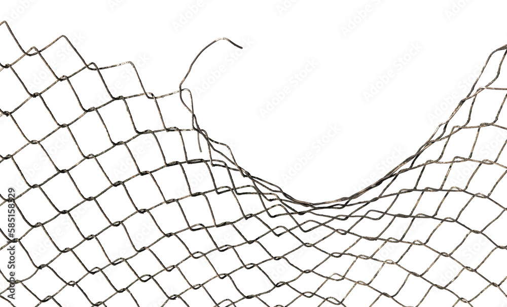 The texture of the metal mesh. Torn, destroyed, broken metal mesh on a ...